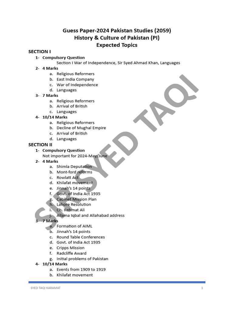 2024 Pakistan Studies Guess Paper 2059 | PDF | Pakistan | All India ...