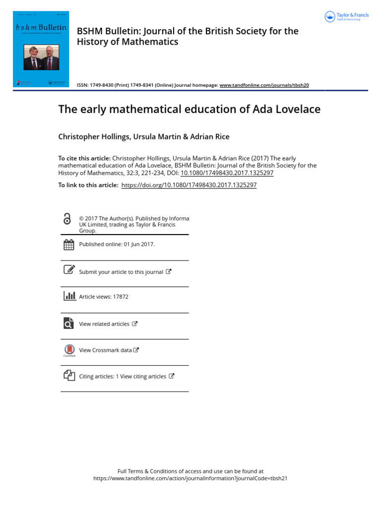 The Early Mathematical Education of Ada Lovelace | Download Free PDF ...