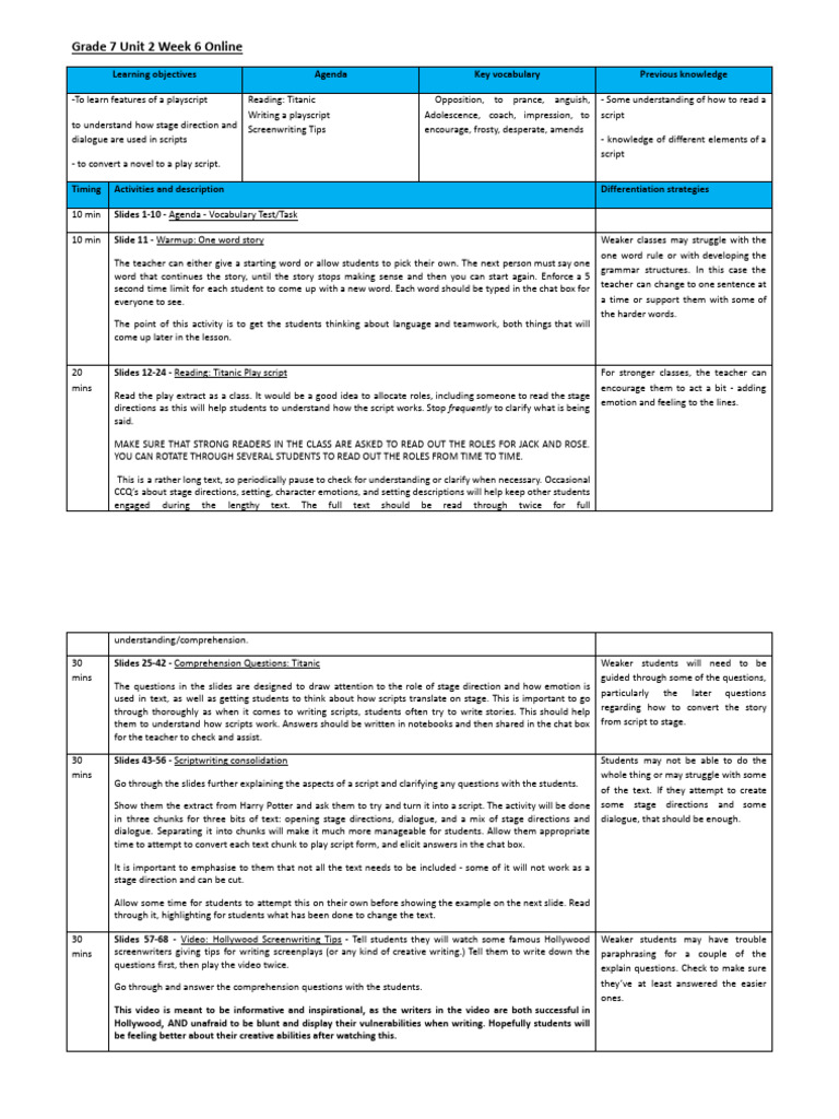 G7U2L6 Online - Lesson Plan | PDF | Screenplay | Screenwriting