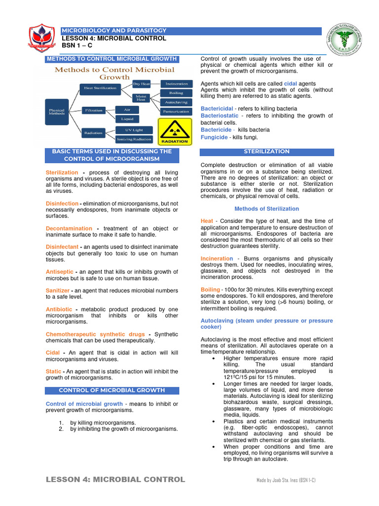 Microbiology and Parasitology Lesson 4 - Microbial Control | PDF ...