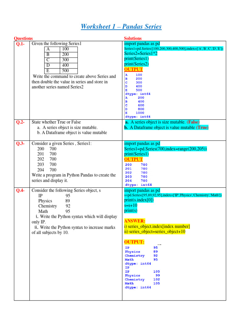 Super 40 - Pandas Series Worksheet 1 - Answers | Download Free PDF | Computer Programming ...