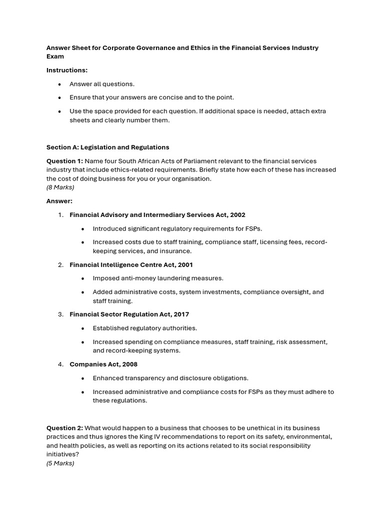 Answer Sheet For Corporate Governance and Ethics in The Financial ...