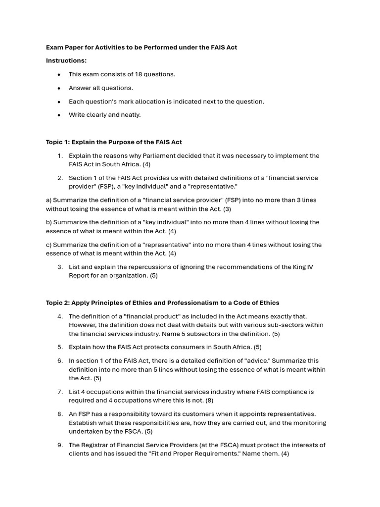 Exam Paper For Activities To Be Performed Under The FAIS Act | PDF ...