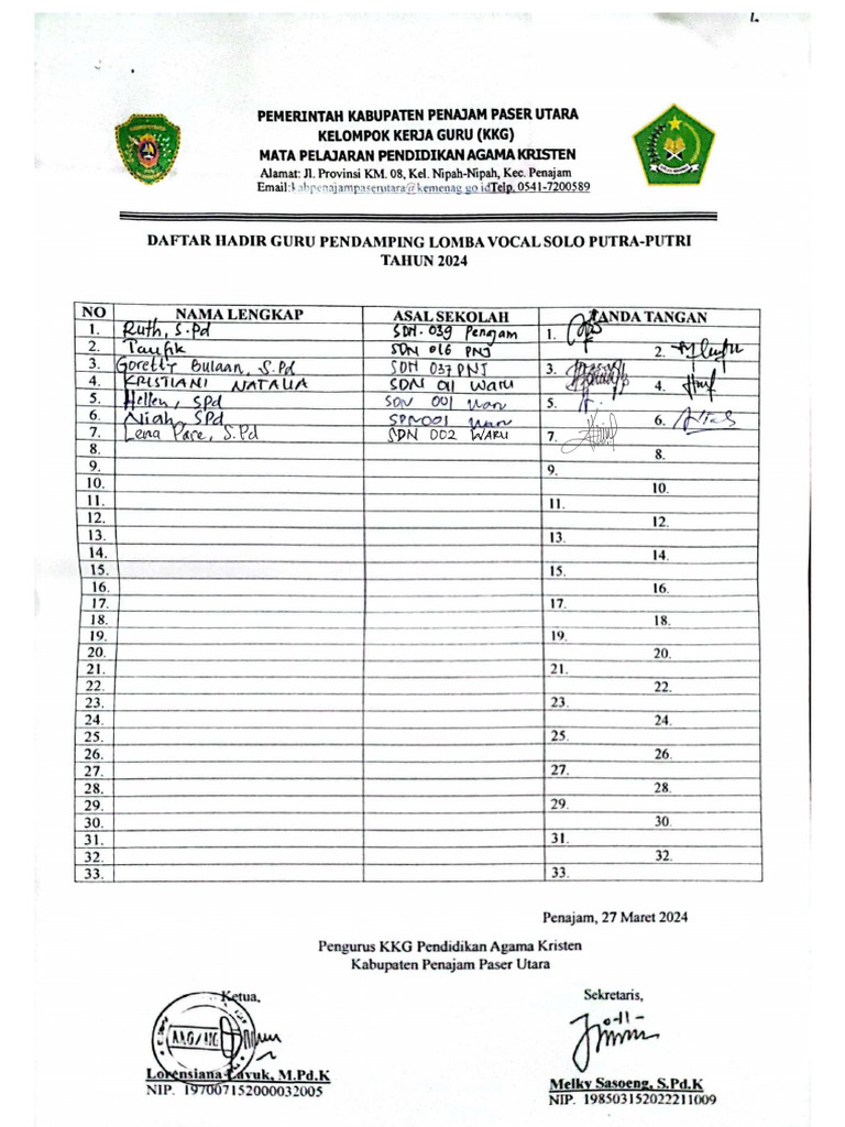 Daftar Hadir KKG Pak Maret 2024 | PDF