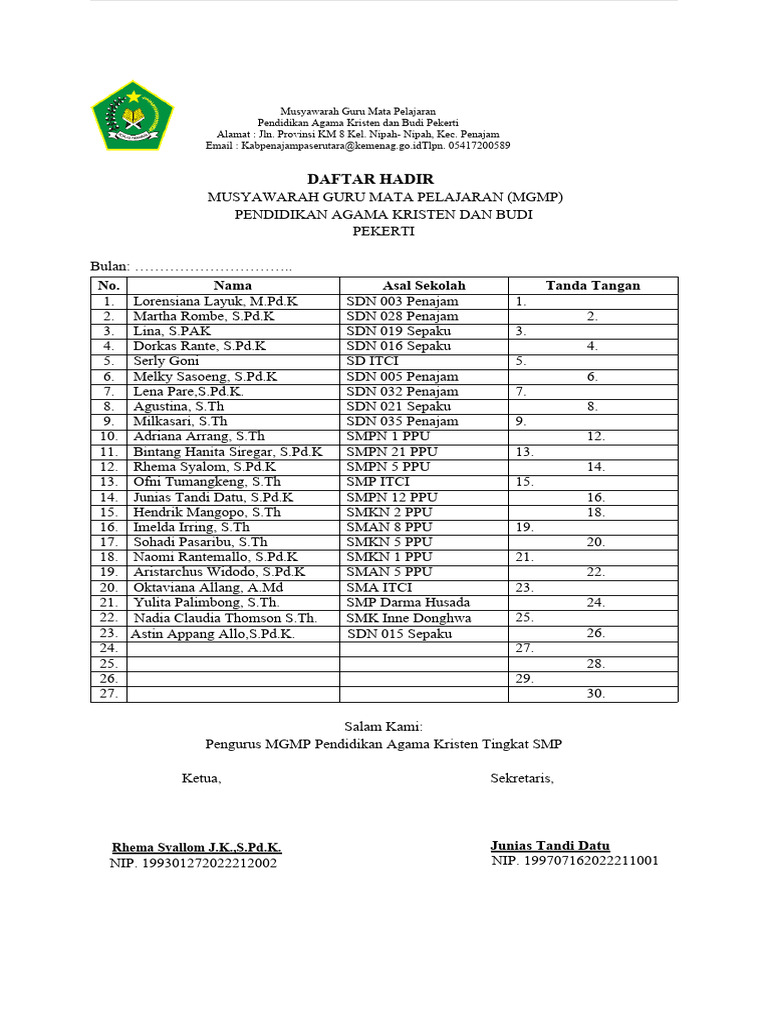 Daftar Hadir MGMP Pendidikan Kristen | PDF