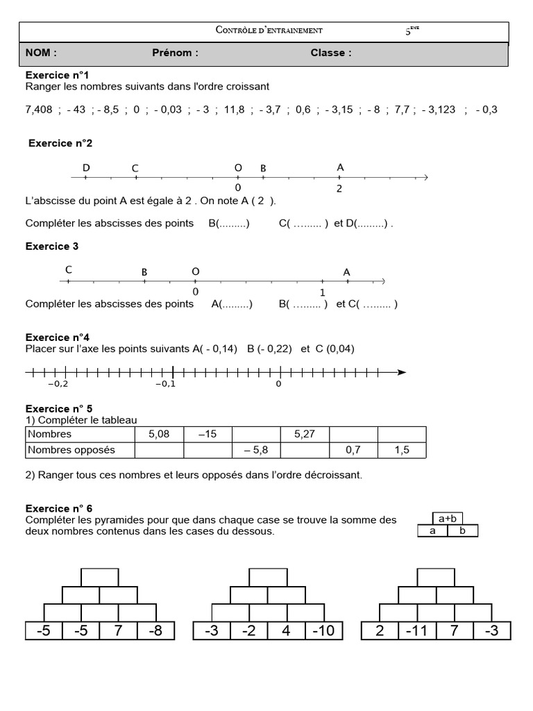 Contrôle Maths 5ème : Nombres et Coordonnées | PDF