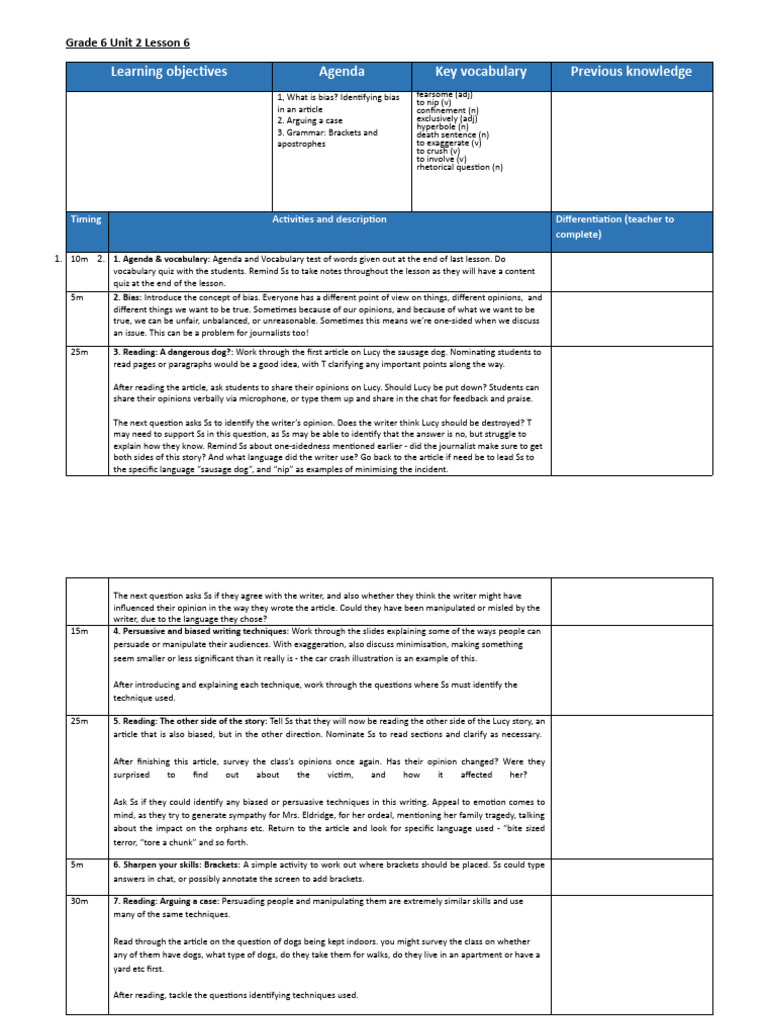 G6U2L6 Lesson Plan | PDF | Vocabulary | Cognition