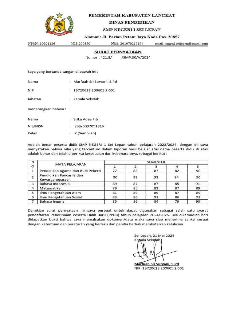 Surat Pernyataan Kepala Sekolah Jalur Prestasi Nilai Rapor | PDF Surat Pernyataan Kepala Sekolah Jalur Prestasi Nilai Rapor | PDF