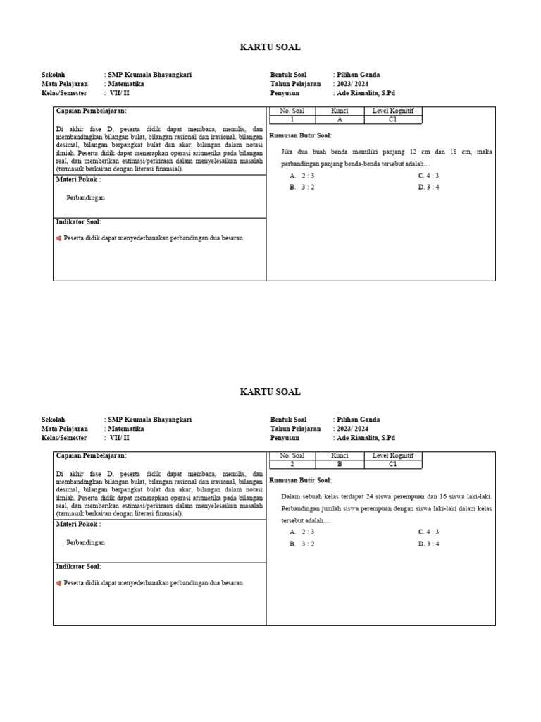 Kartu Soal Matematika Kelas 7 | PDF