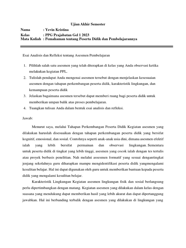 UAS Perkembangan Tentang Peserta Didik Dan Pembelajarannya Yevin | PDF