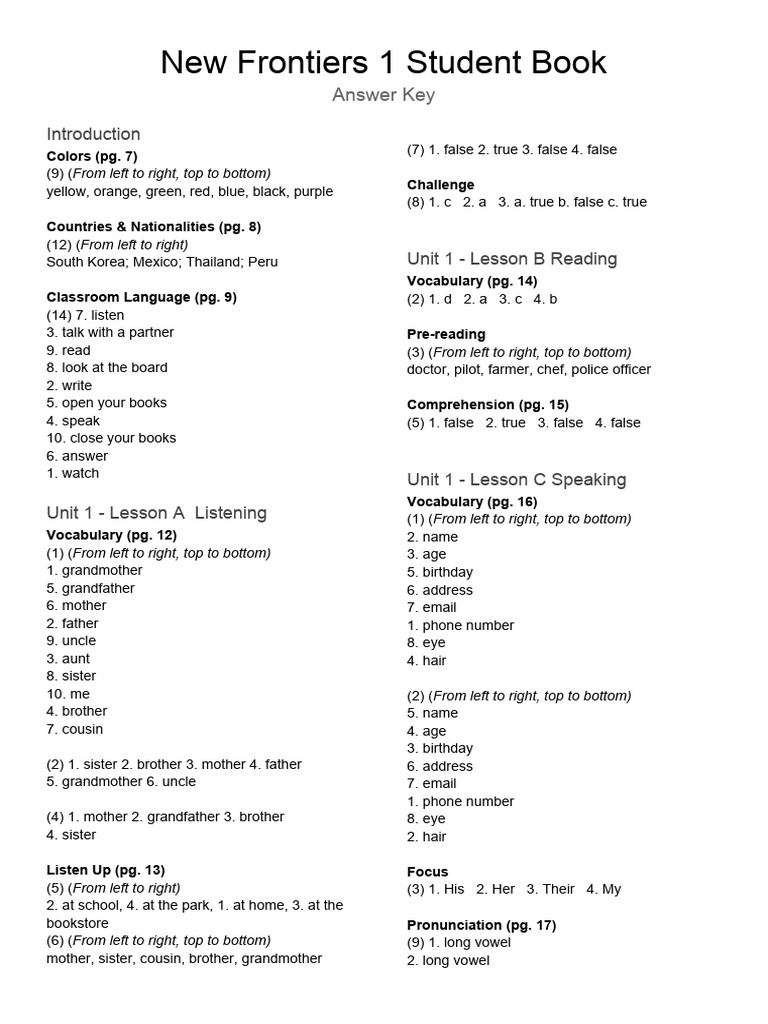 New Frontiers 1 Student Book Answer Key | PDF | Bedroom | Room