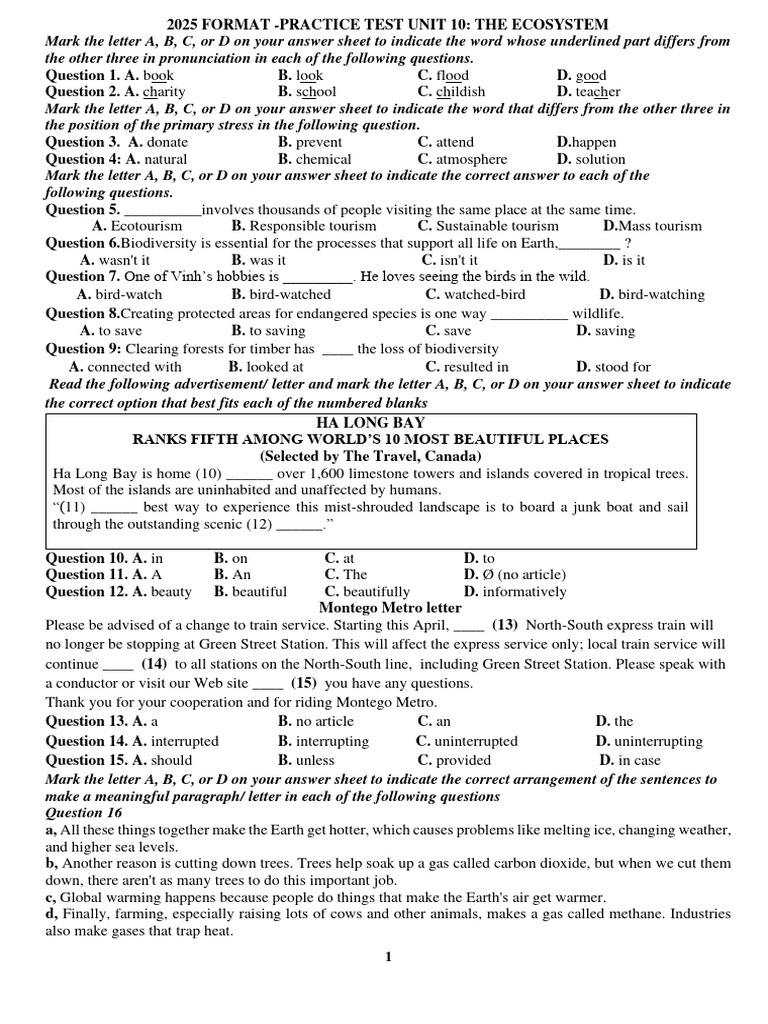 ĐỀ 4 - 2025 FORMAT-TEST UNIT 10 - ĐỀ | Download Free PDF | Biodiversity ...