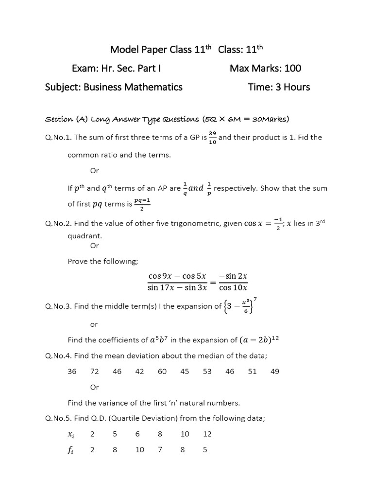 Business Math Modal Test Paper 11 TH | PDF | Median | Mathematical Analysis