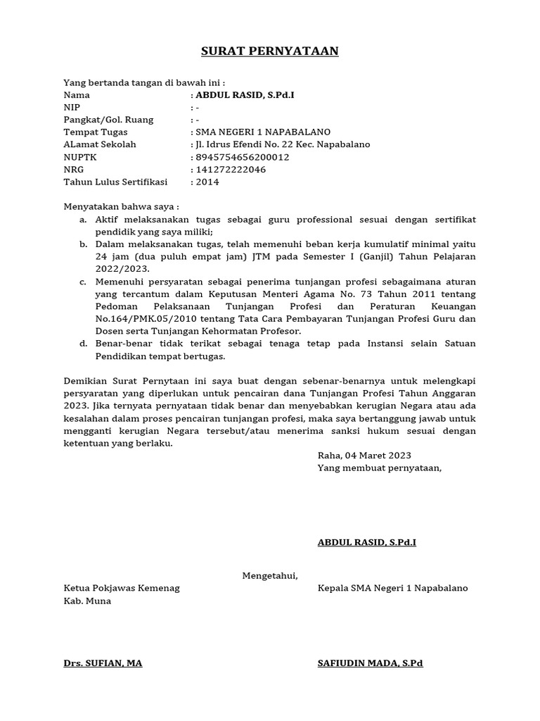 Surat Pernyataa Abdul Rasid | PDF