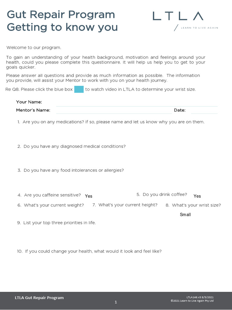 Gut Repair Program Screening Questionnaire Getting To Know You LTLA ...