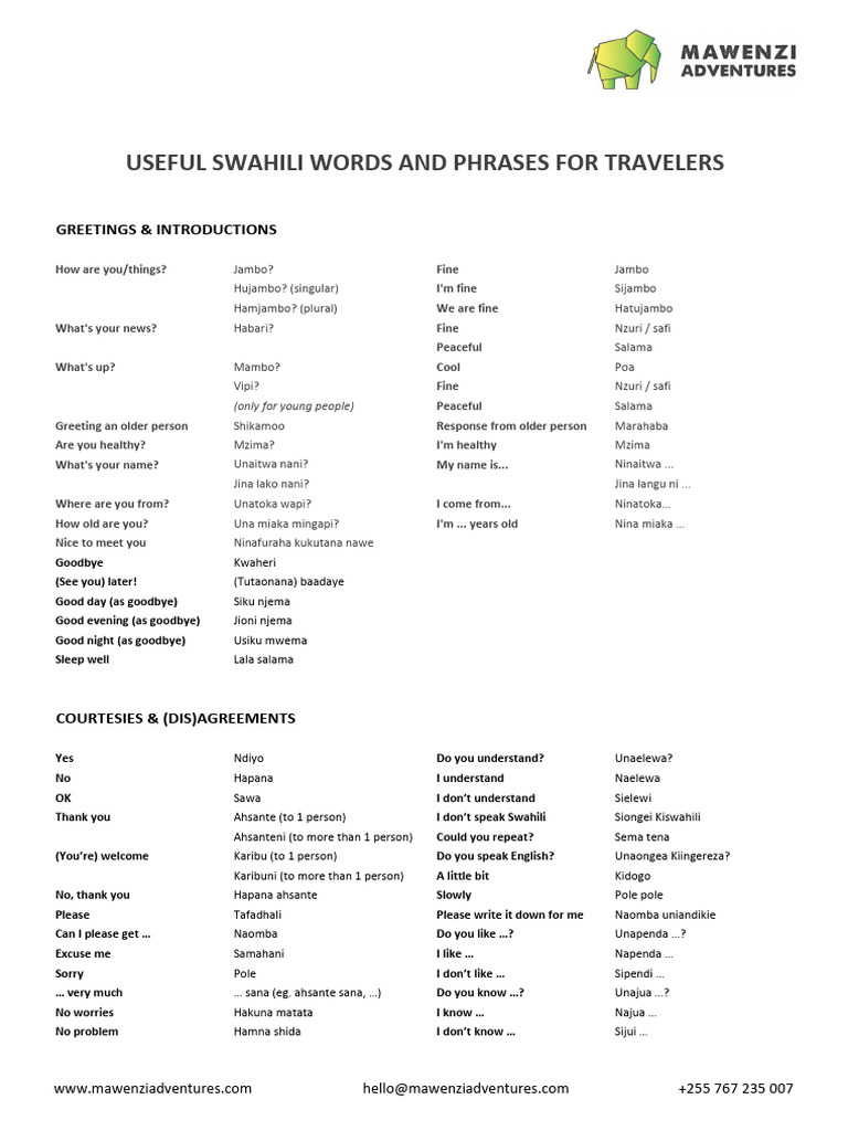 Essential Swahili Phrases for Travelers | PDF