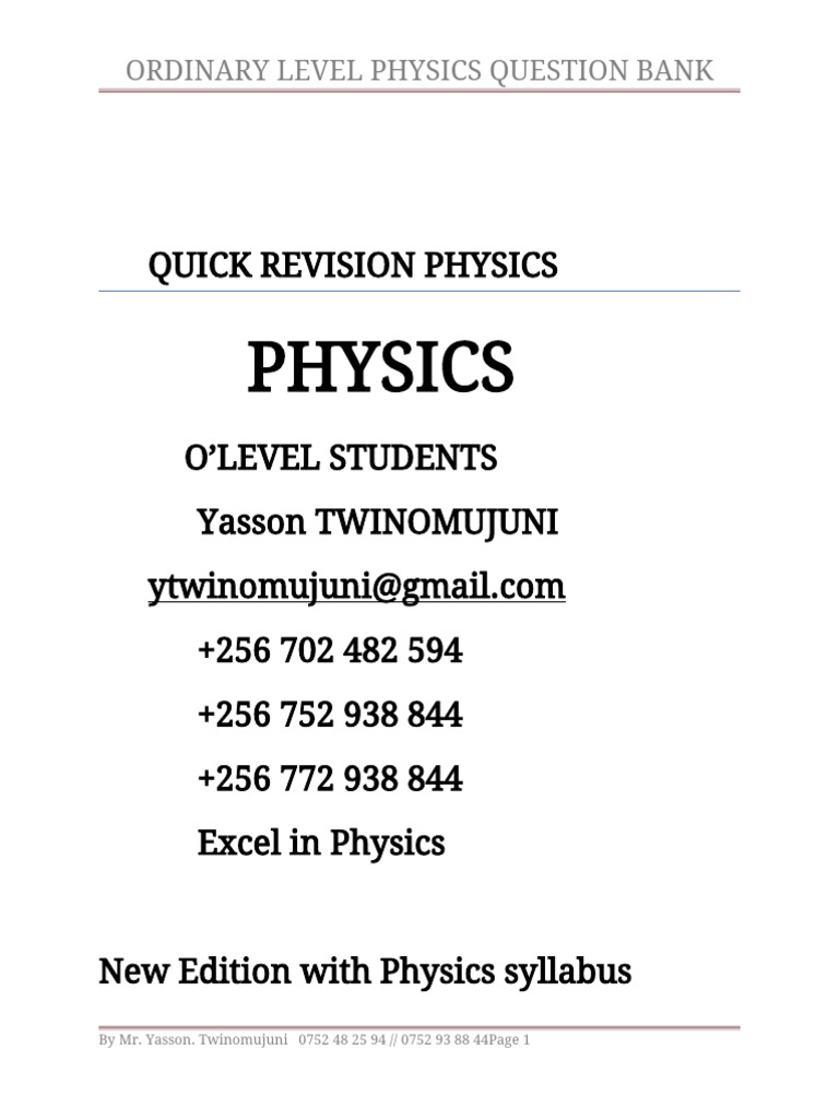 Ordinary Level Physics Question Bank | PDF | Acceleration | Deformation ...