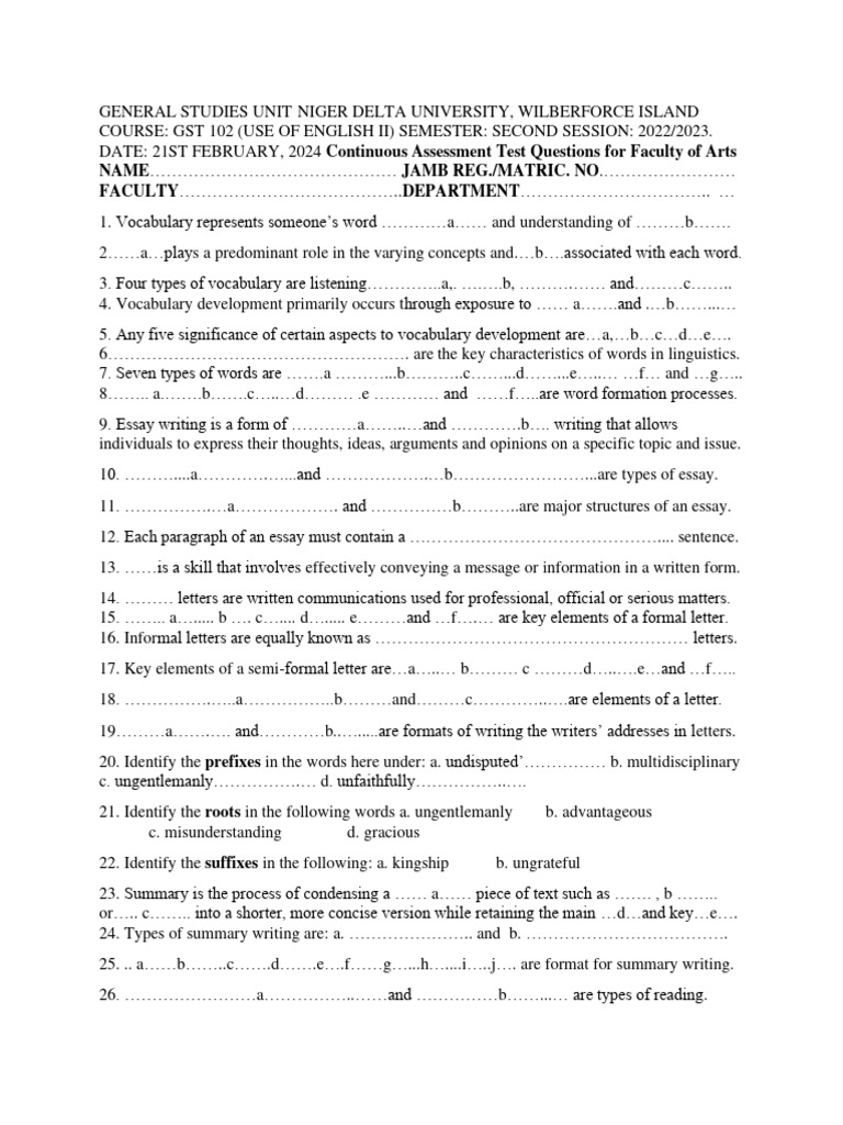 GST 102 Continuous Assessment Questions | PDF | Vocabulary | Essays