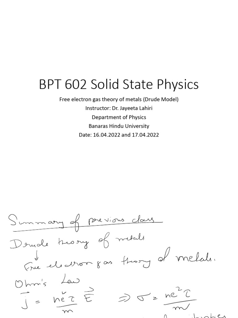 BPT 602 Lecture Drude Model Metals | PDF