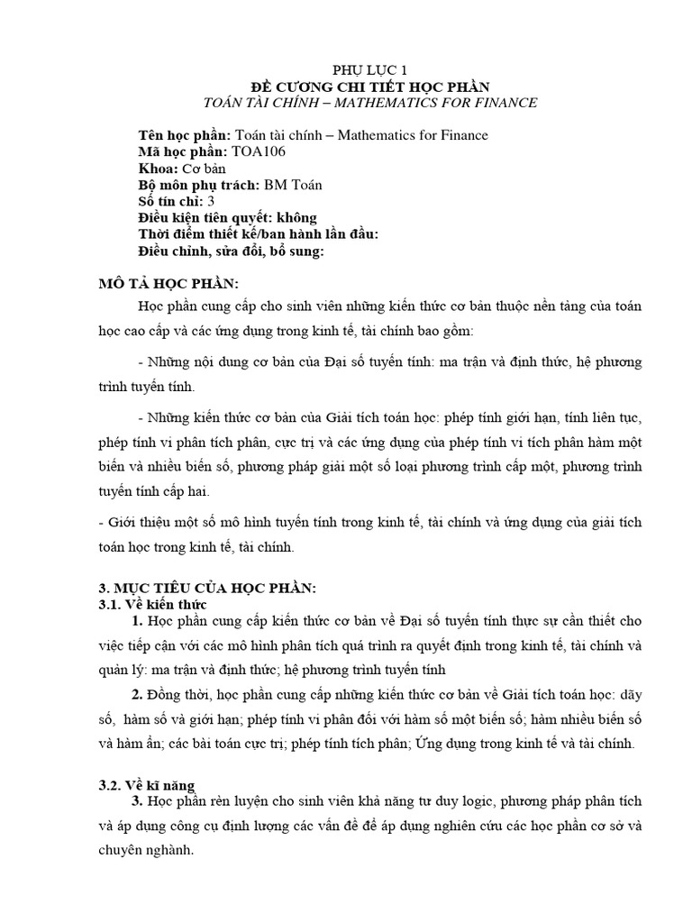 Phu Luc 1. de Cuong Chi Tiet Hoc Phan Toan Tai Chinh - FTU2 | PDF