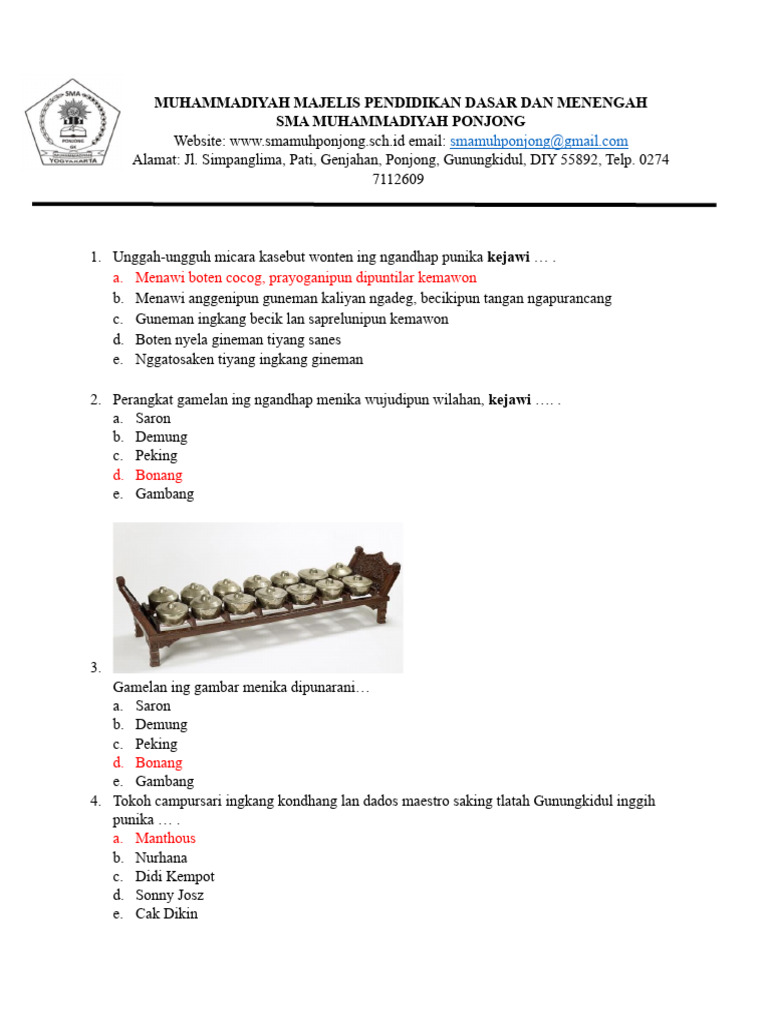 Soal Pilihan Ganda Bahasa Jawa Kelas 11 | PDF | Seni & Disiplin Bahasa | Seni