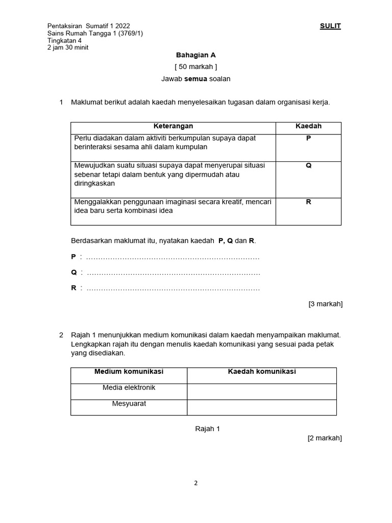 Soalan Penilaian Sumatif 1 T.4 2022 | PDF