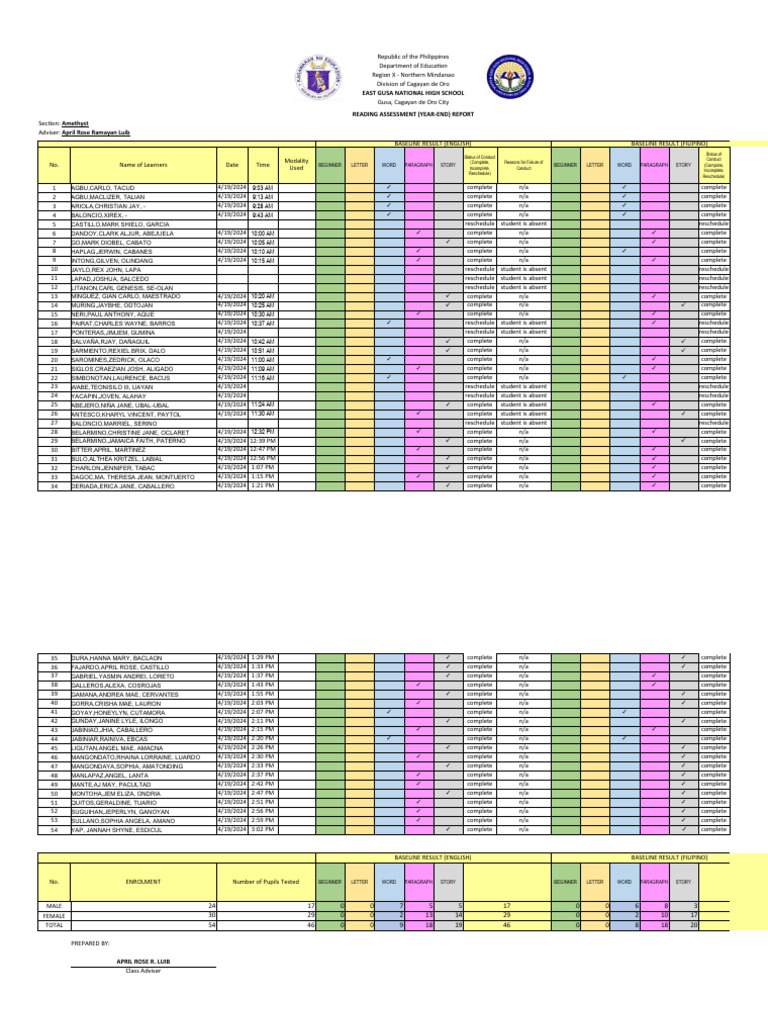 Reading Assessment Year End Report | PDF