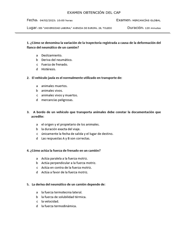 1a Prueba Cap Cuestionarios | PDF | Transporte | Neumático