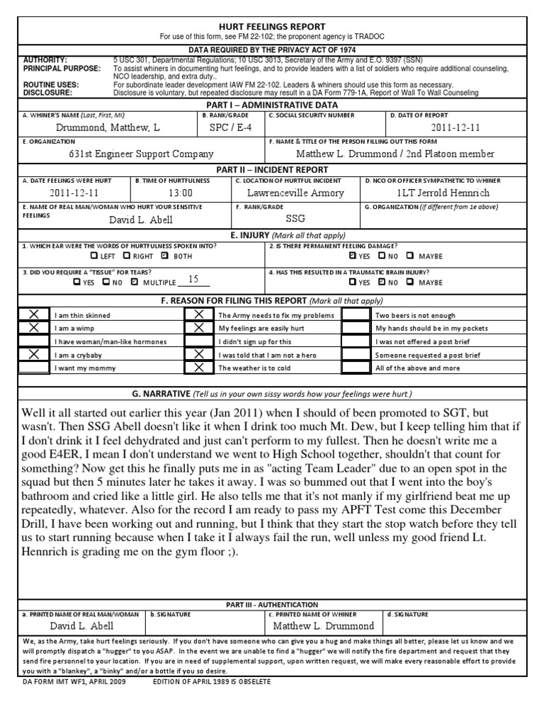 Printable Hurt Feelings Report