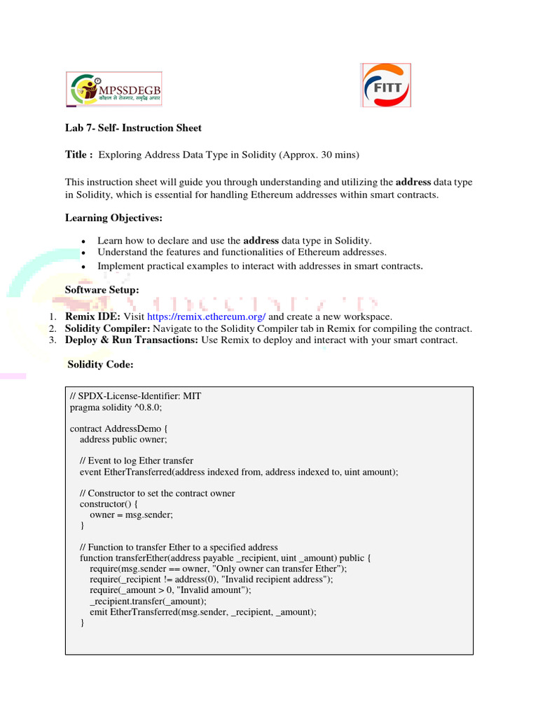 Asset-V1 FITT+FITT01+2024 Q2+Type@Asset+Block@IS7. Exploring Address in Solidity - Instruction ...