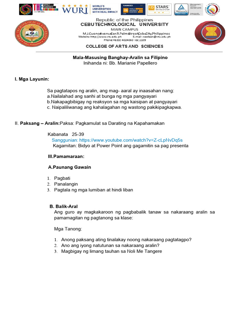 Banghay Aralin - Pangamba Pagkamulat Sa Darating Na Kapahamakan ...