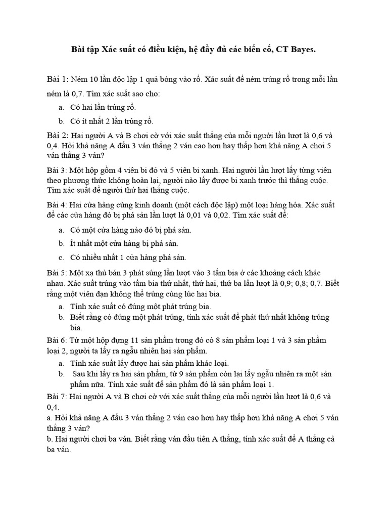 Bài tập Xác suất có điều kiện, hệ đầy đủ các biến cố, CT Bayes | PDF