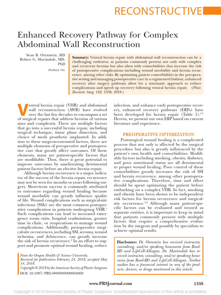 Enhanced Recovery Pathway For Complex Abdominal Wall Reconstruction ...