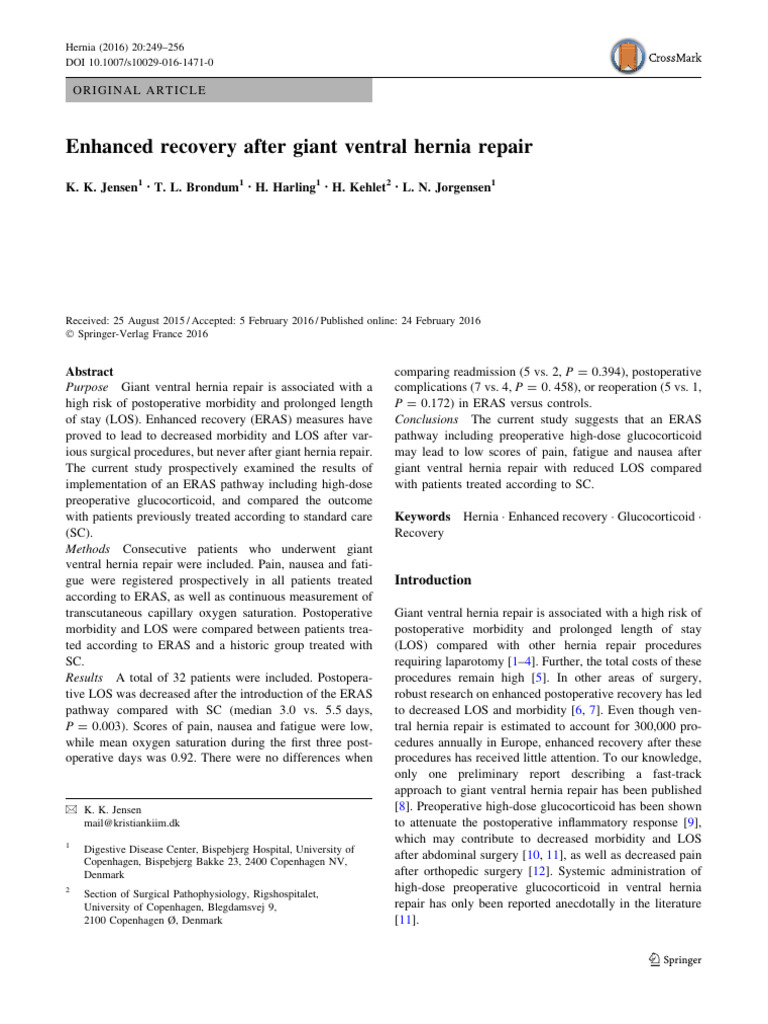 Enhanced Recovery After Giant Ventral Hernia Repair Pdf Surgery