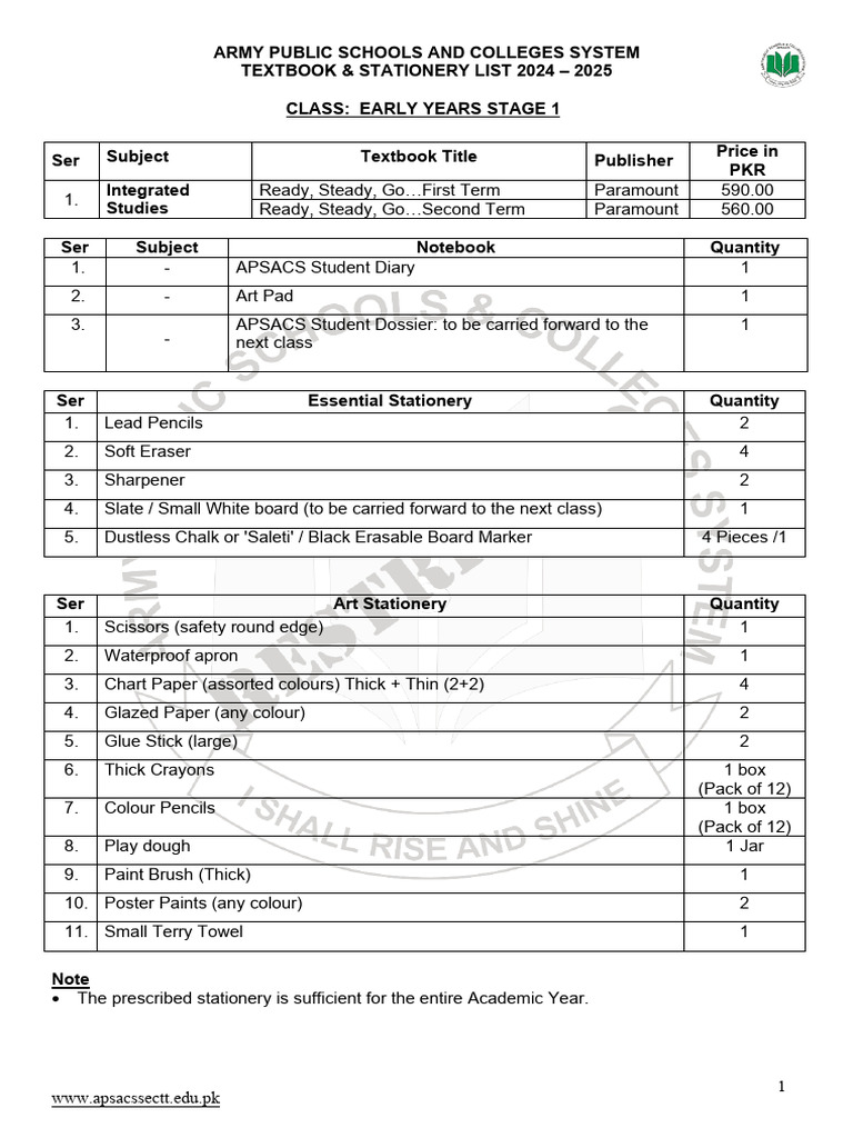APSACS Book Stationery List CL EYS 1 X Session 2024 25 Dated 21 Mar 2024 | PDF | Notebook | Pencil