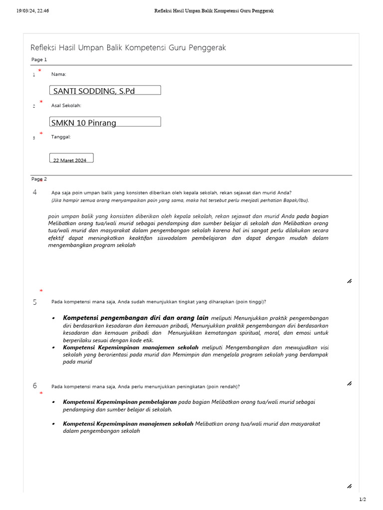 Refleksi Hasil Umpan Balik Kompetensi Guru Penggerak | PDF