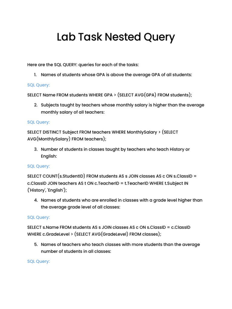 DB Task (Nested Query) | PDF | Teachers | Sql DB Task (Nested Query) | PDF | Teachers | Sql