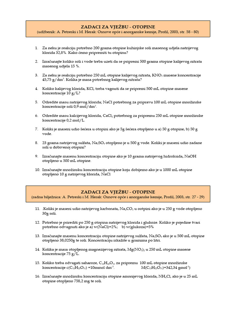 Zadaci Za Vjezbu, Opca - Otopine Iz Udz Osnove Opce I Anorganske Kemije 29 03 09 | PDF