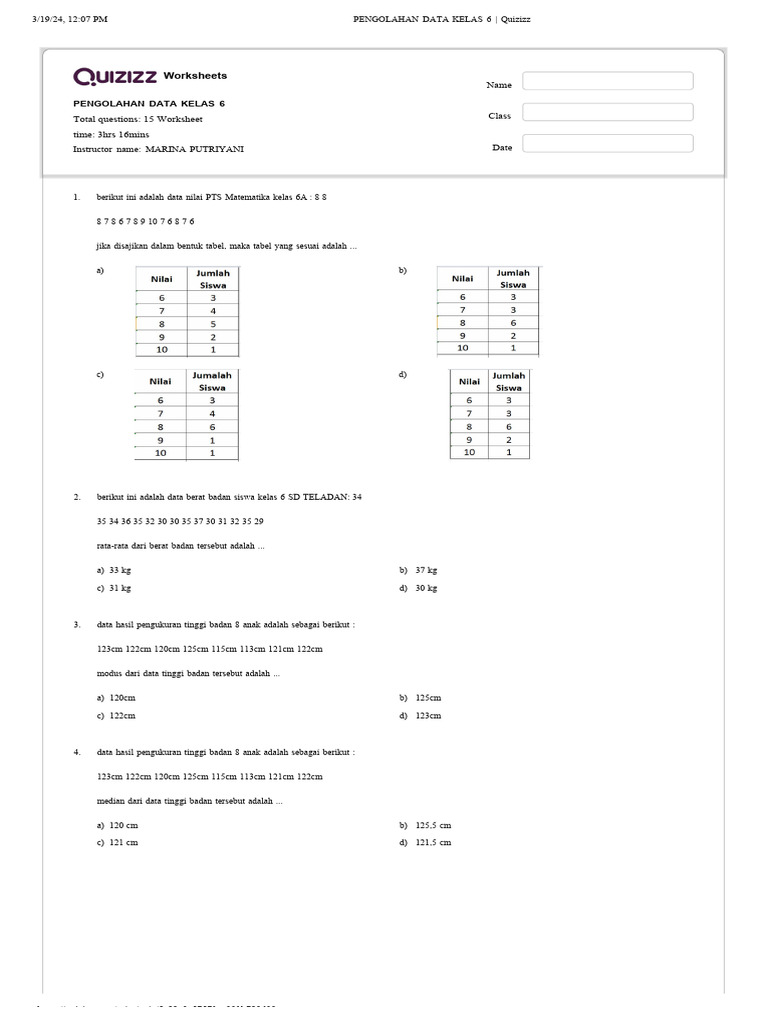 PENGOLAHAN DATA KELAS 6 _ Quizizz | PDF