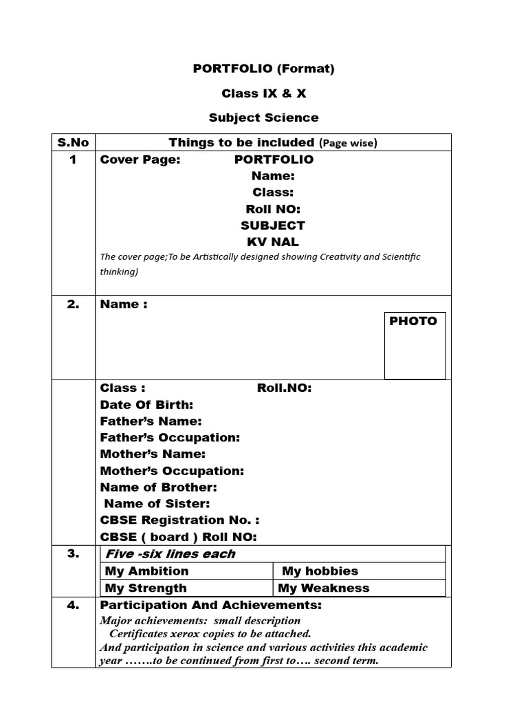 Format For Class IX & X PORTFOLIO | PDF | Cognition