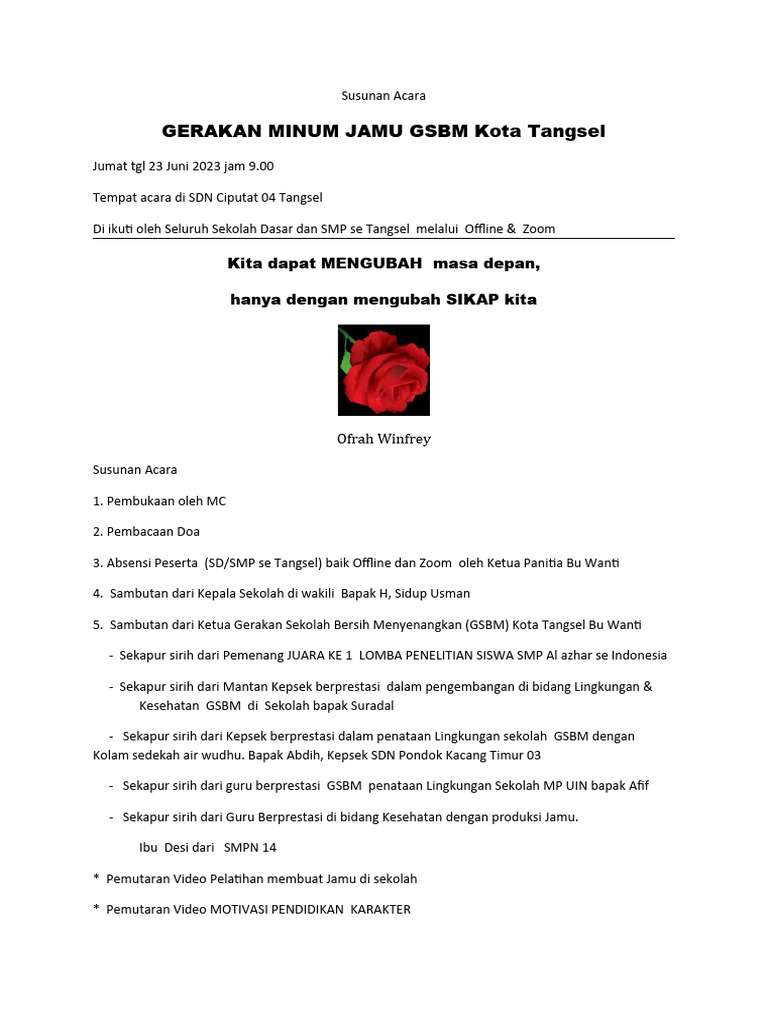 Susunan Acara GERAKAN MINUM JAMU GSBM Kota Tangsel | PDF