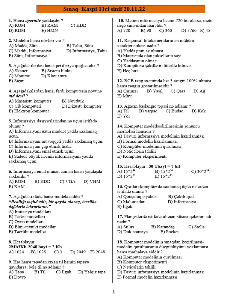 Kaspi 11ci Sinif 20.11.22 | PDF