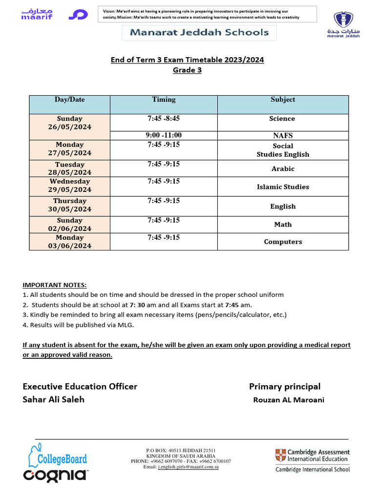 Updated G. 3 Term 3 Exam Schedule 2023-2024 | PDF