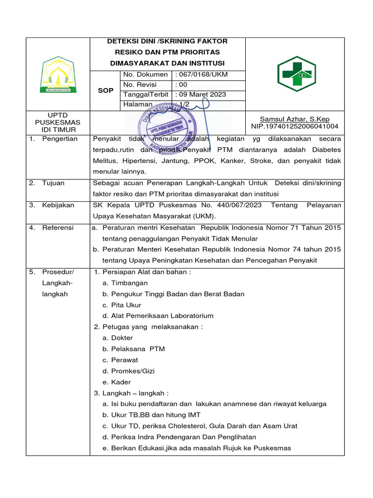 Sop Deteksi Dini PTM | PDF