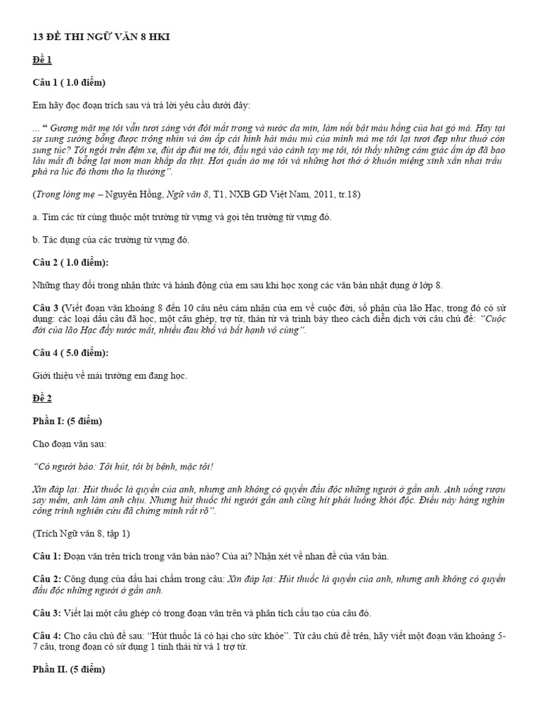 13 ĐỀ THI NGỮ VĂN 8 HKI | PDF