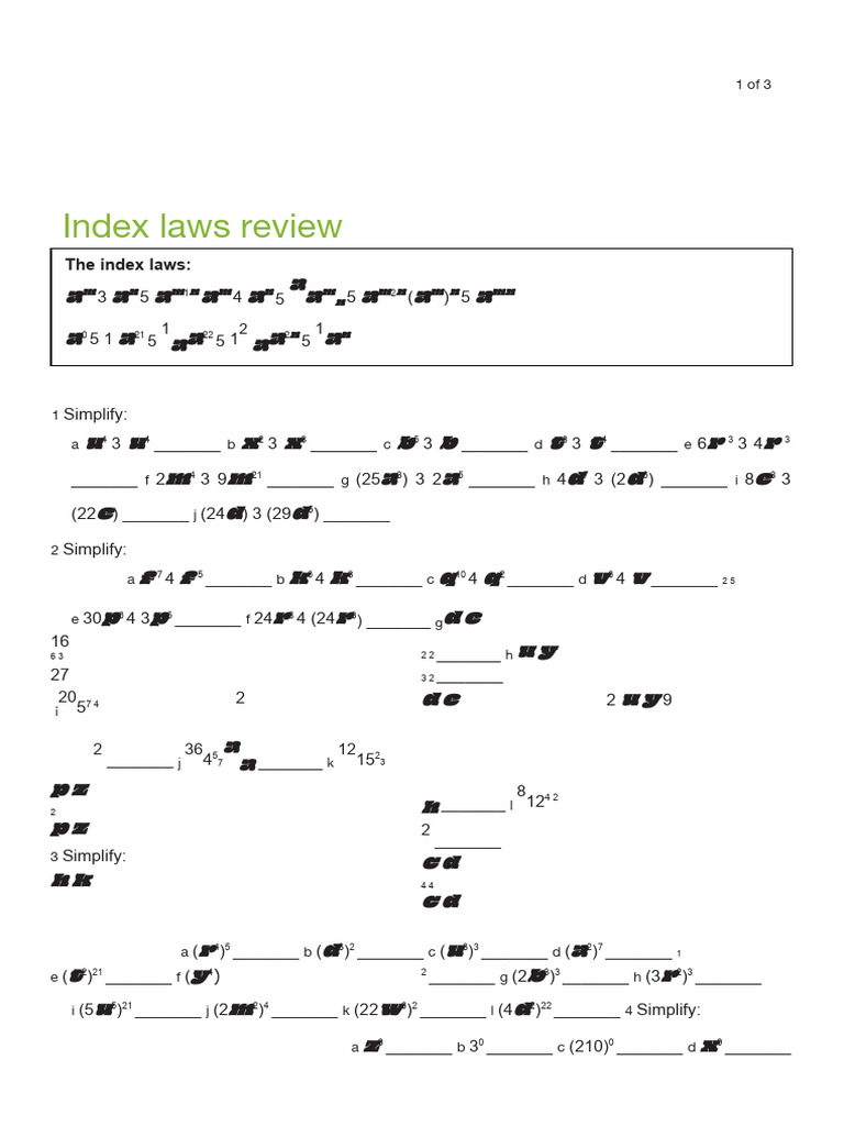 Worksheet - Index Laws Review | PDF