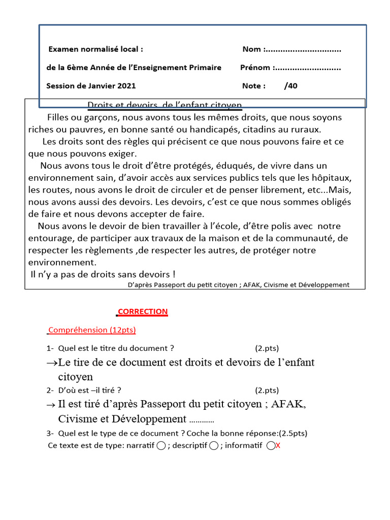 Examen Normalisé Local Correction | PDF | Verbe | Phrase