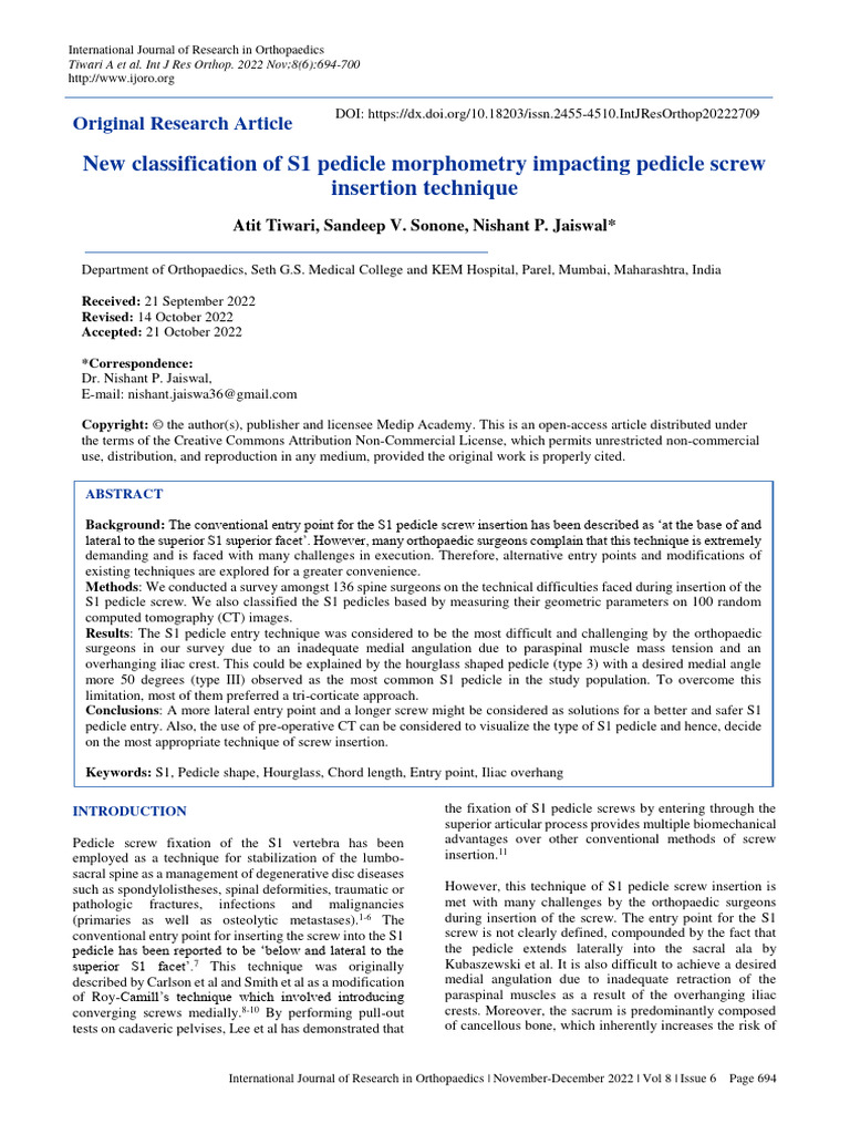 New Classification of S1 Pedicle Morphometry Impac | PDF | Vertebra ...