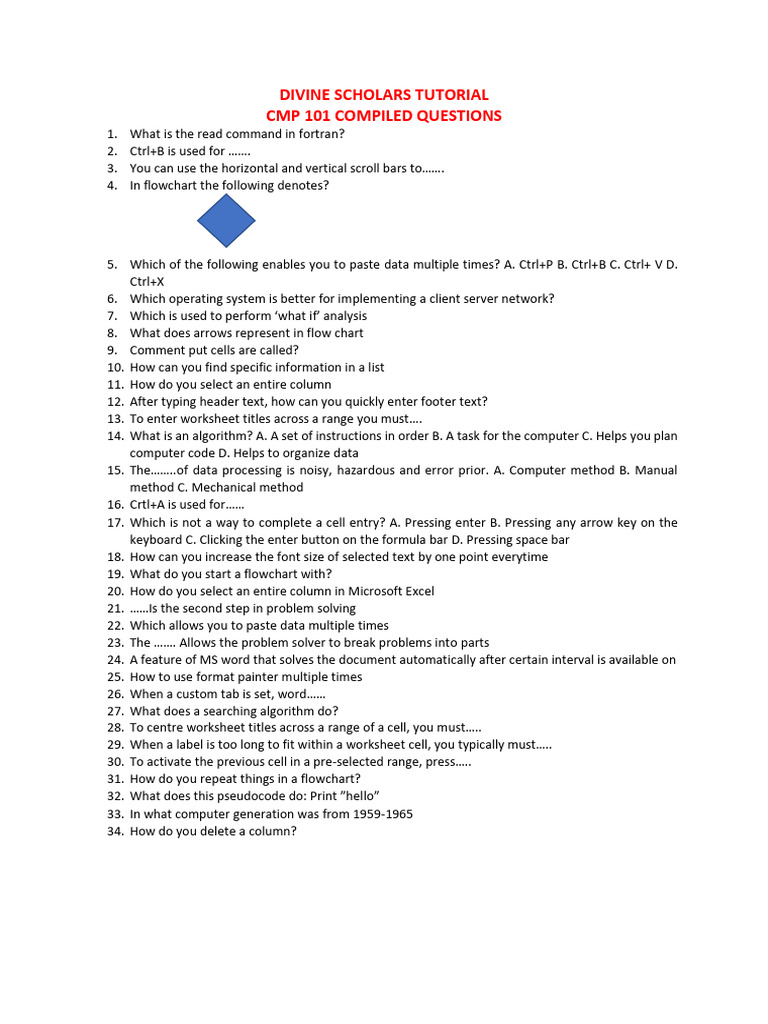 CMP101 Compiled Questions | PDF | Microsoft Excel | Algorithms