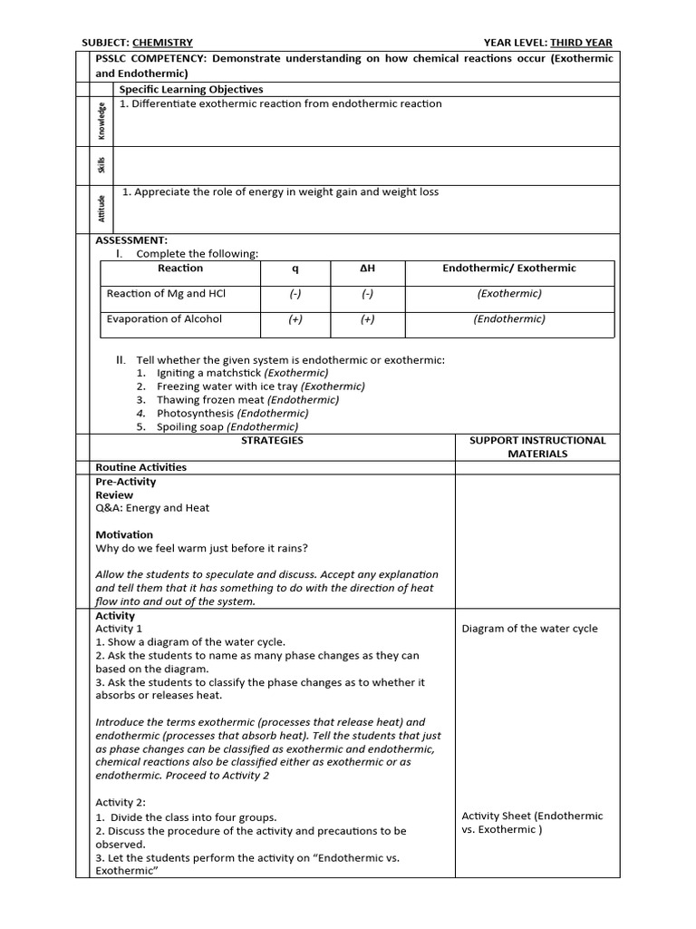 LESSON PLAN IN SCIENCE 8: Exothermic vs. Endothermic | PDF | Enthalpy ...